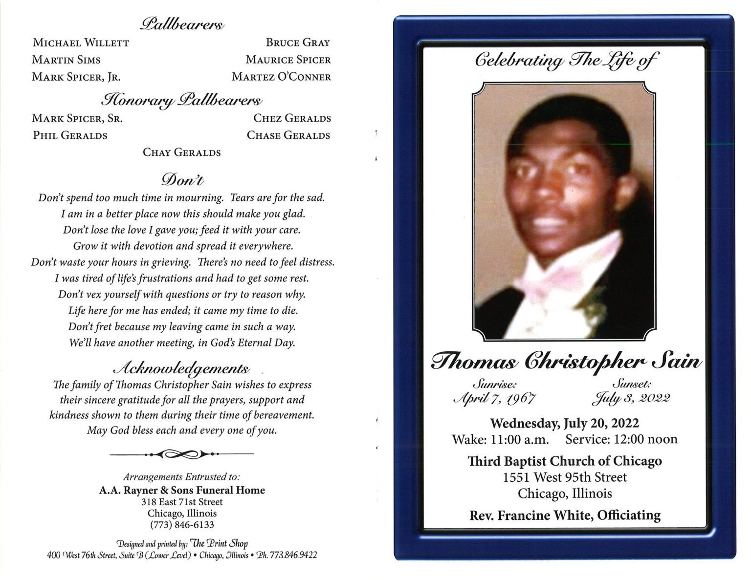 Thomas C Sain Obituary Aa Rayner And Sons Funeral Homes